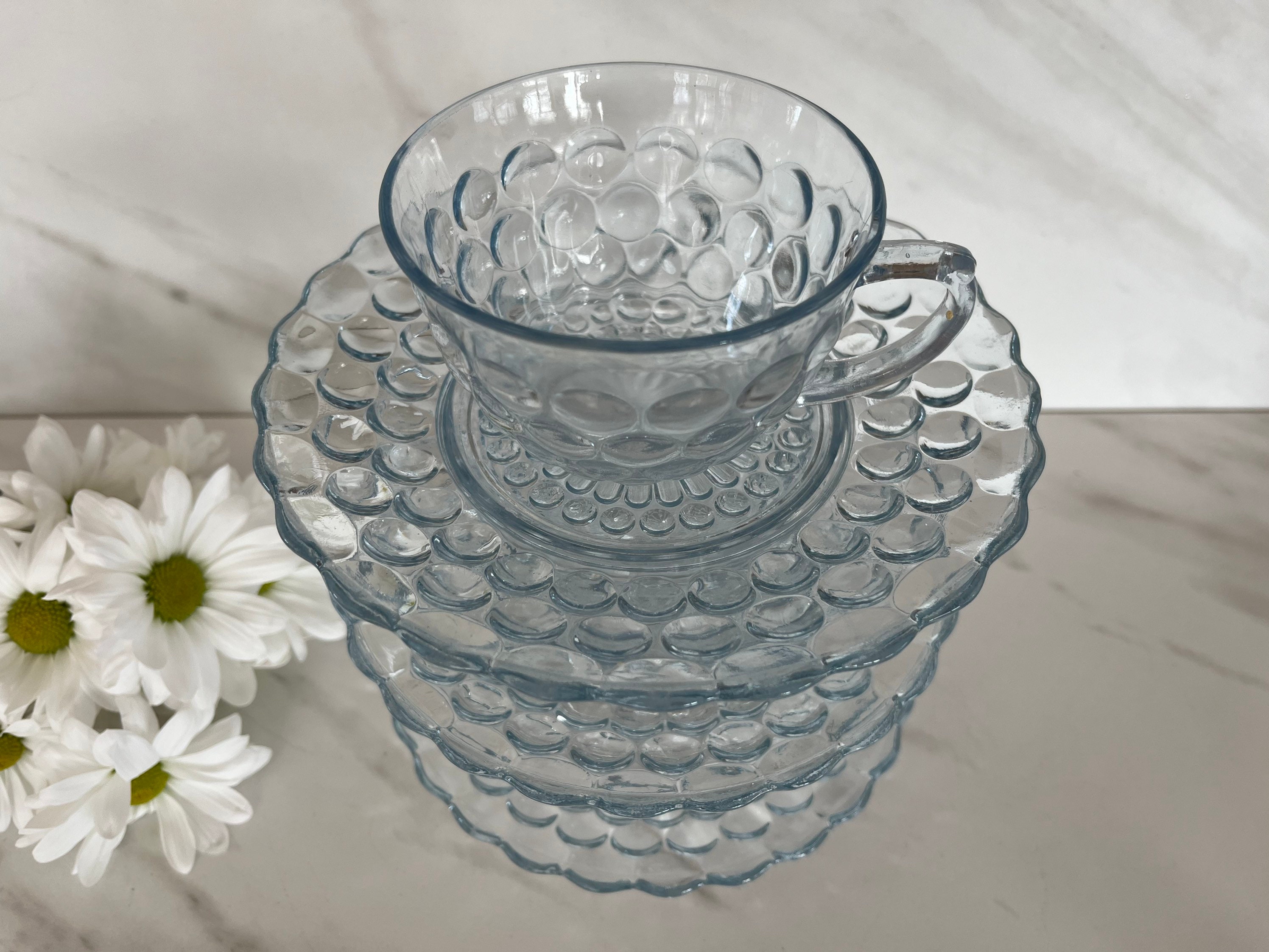 Vintage Anchor Hocking Blue Glass Snack Plates and Tea Cups. Bubble ...