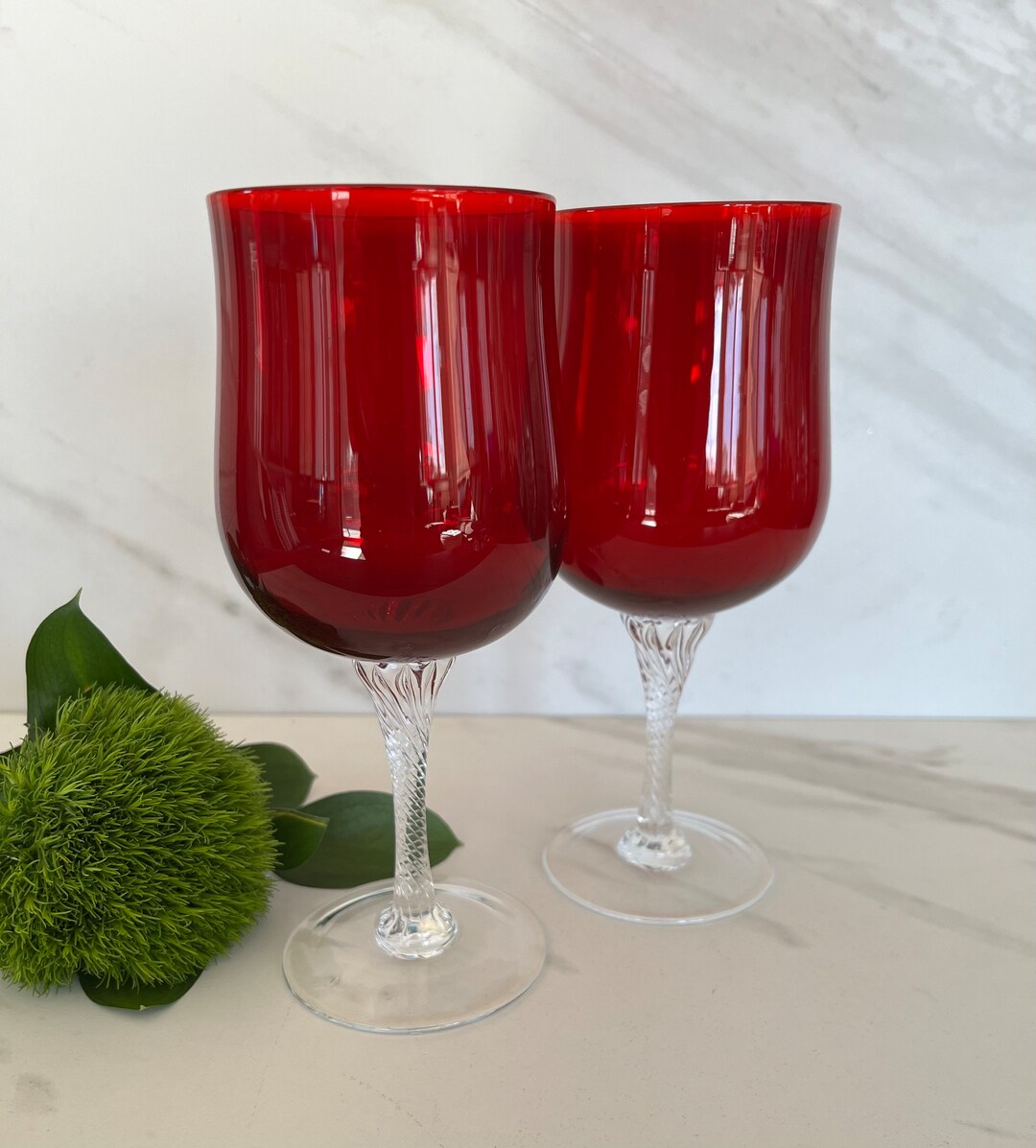 Red Vintage Hand Blown Clear Twisted Stem Wine Glasses. Set of Two ... Red Vintage Hand Blown Clear Twisted Stem Wine Glasses. Set of Two ...