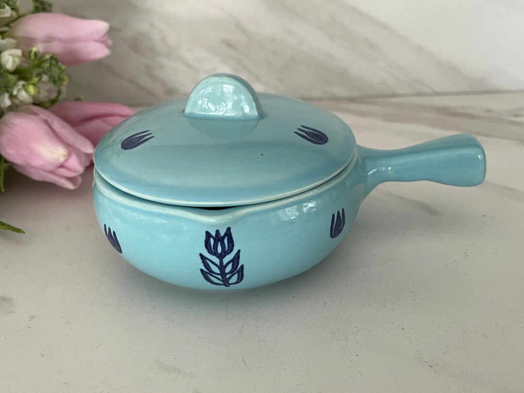 Cronin Pottery Blue Vintage Glazed Covered Miniature Ramen, Bean Pot or ...