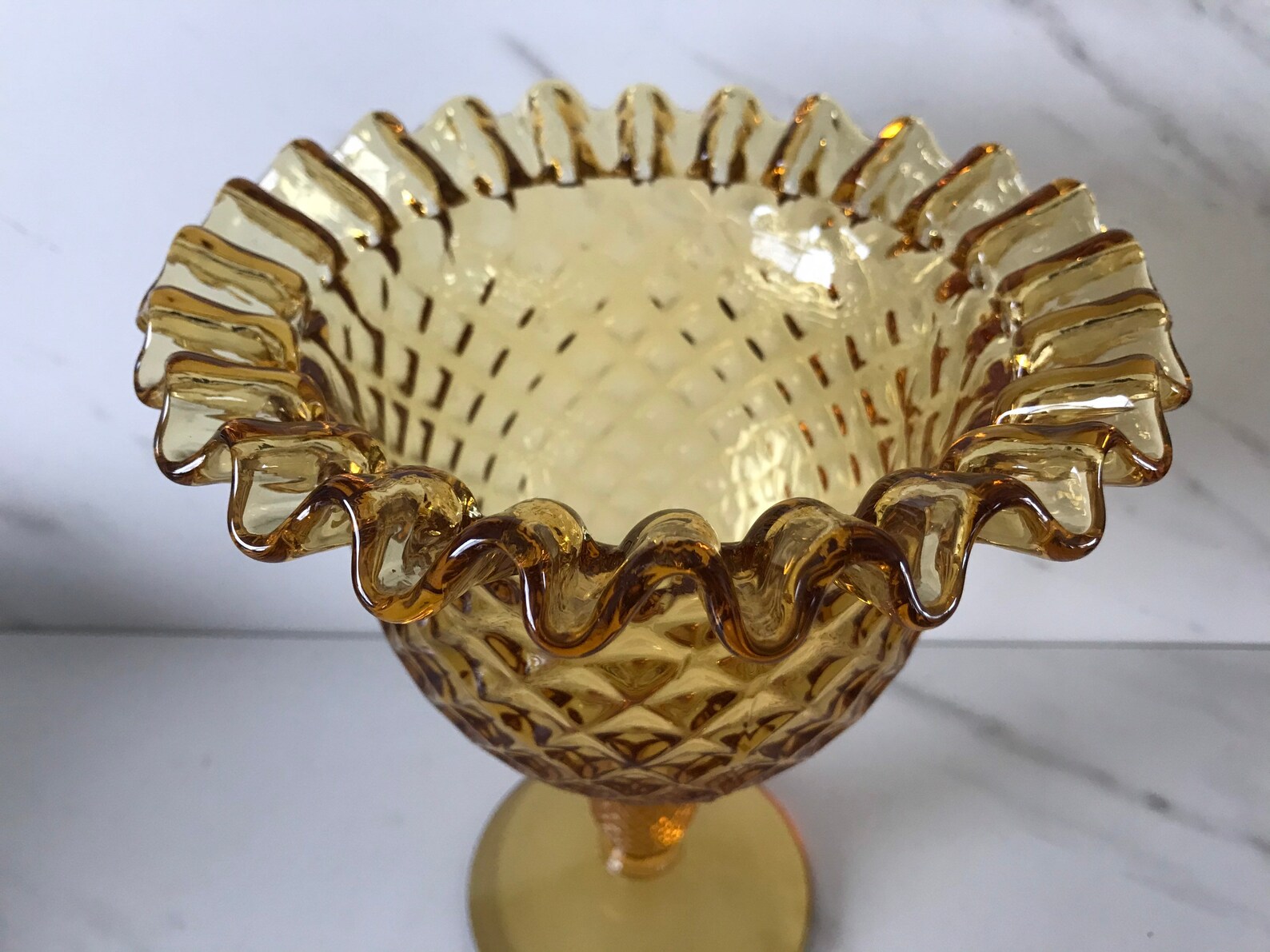 Amber Glass Ruffled Diamond Pattern Pedestal Bowl or Vase | Etsy
