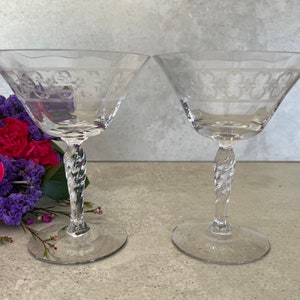 Tiffin Style Art Deco Antique Coupe Glasses Etched Polished Twisted ...