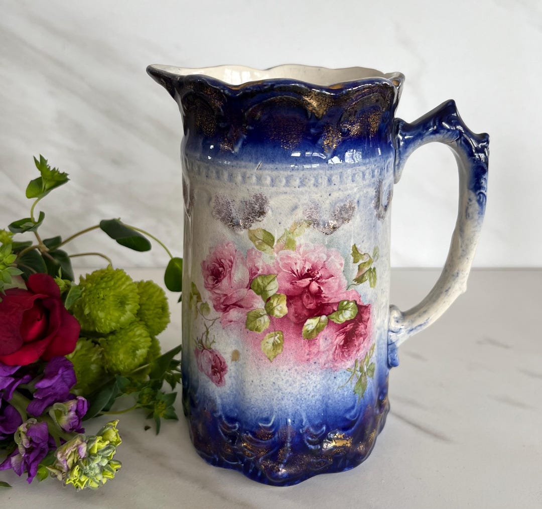 Vintage Antique Ceramic Blue and Ivory Pitcher and Vase. Roses and Gold ...