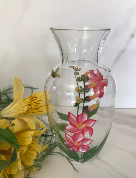 Vintage Hand Painted Glass Hummingbird and Pink Flower Vase | Etsy