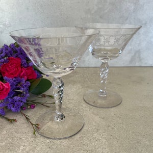 Tiffin Style Art Deco Antique Coupe Glasses Etched Polished Twisted ...