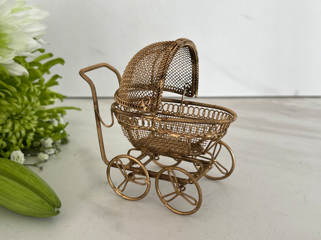 Metal Wire Wicker Style Miniature Vintage Baby Small Pram Buggy or ...