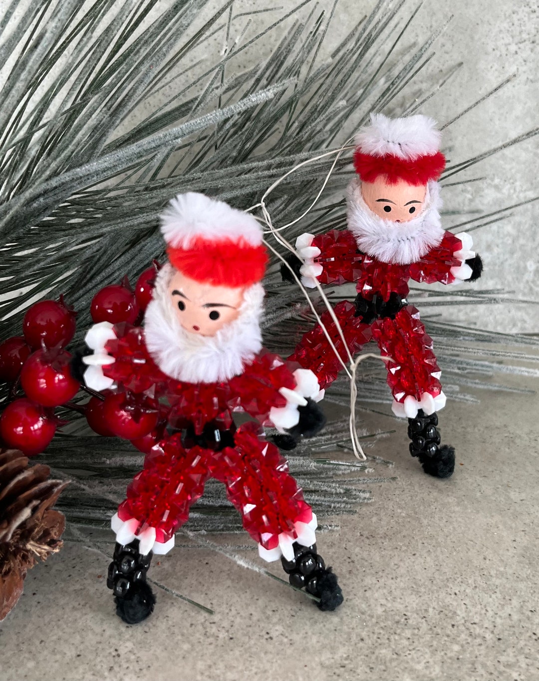 1970s Vintage Santa Pipe Cleaner Beaded Christmas Ornaments With Trim ...