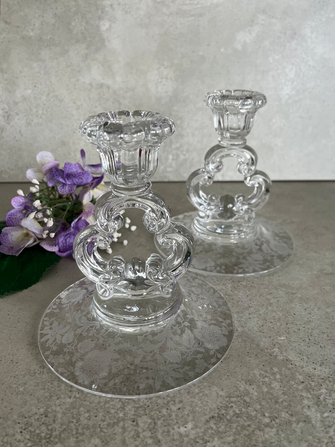 Cambridge Glass Candle Stick Holders. Keyhole Style Optic Etched rose ...