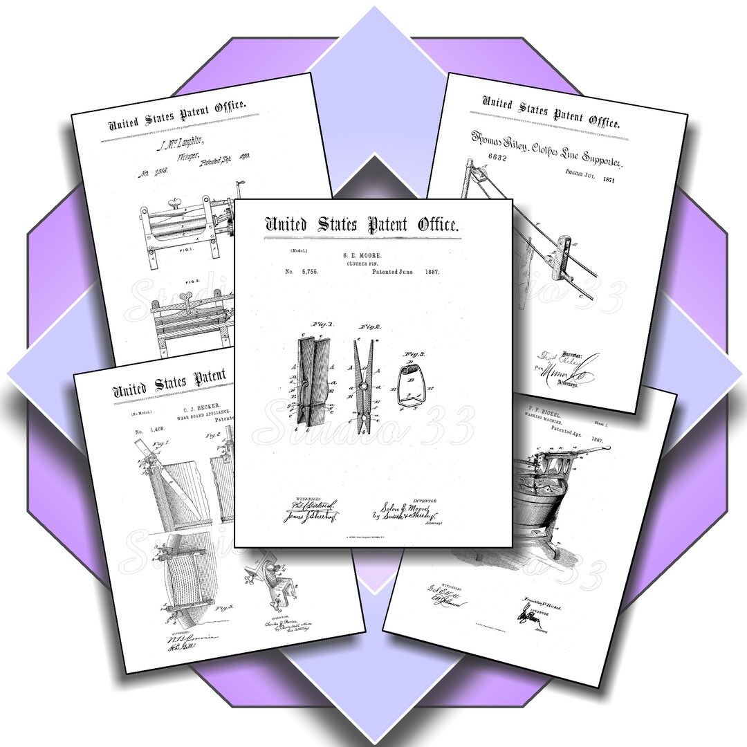 Vintage Laundry Patent Art Prints – 1800s Washing Machine Inventions ...