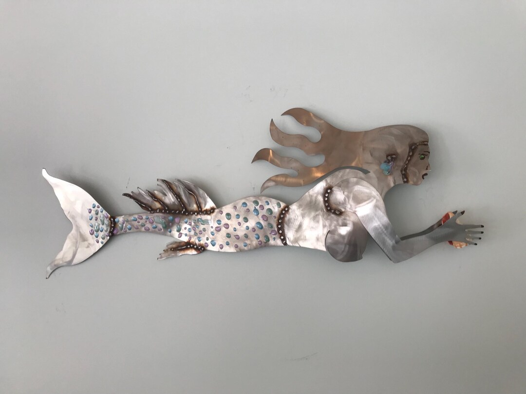 Mermaid With Conch Seashell, Stainless Steel Sculpture, Ocean Art ...