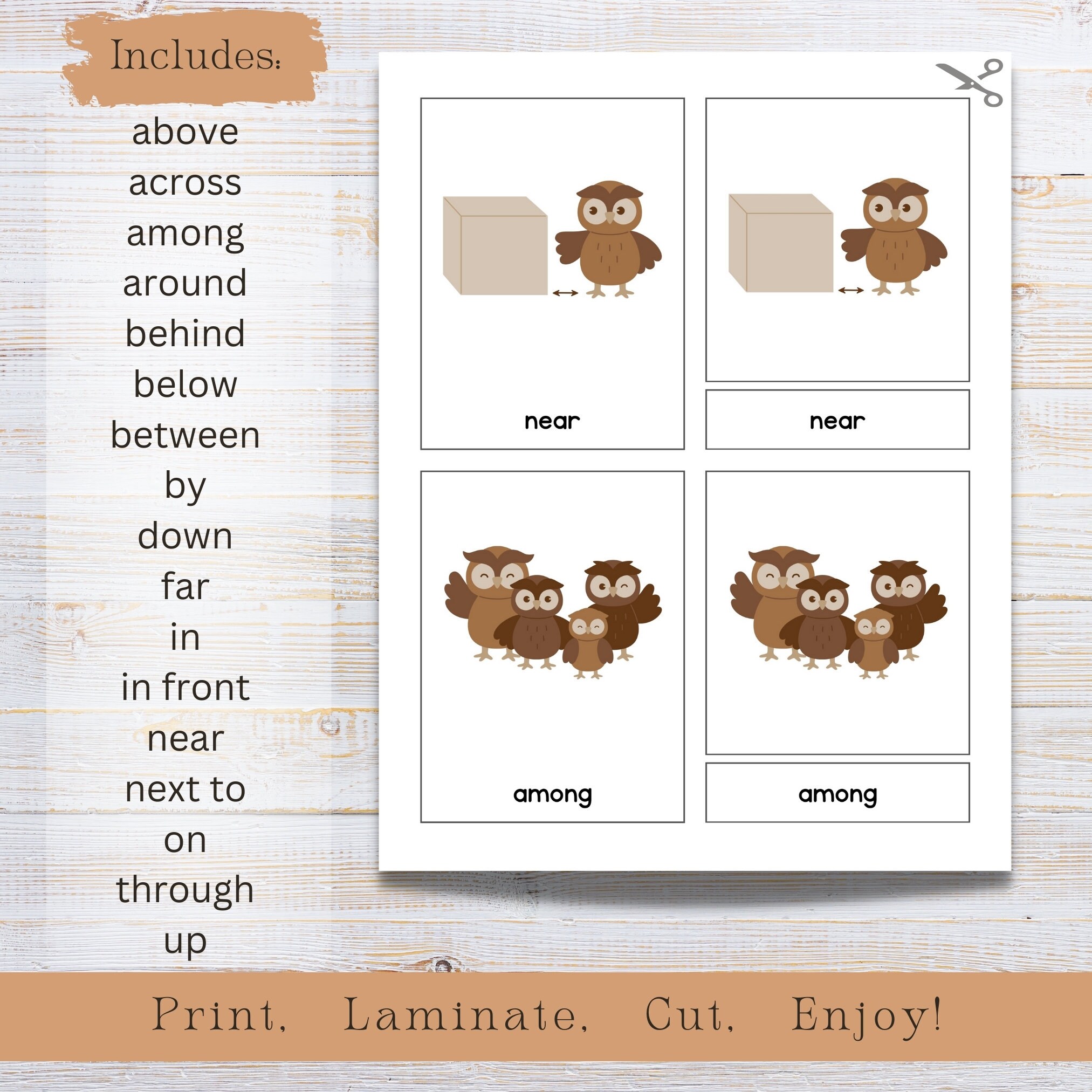 Preposition Picture Cards owl, Homeschool Learning, Montessori Language ...