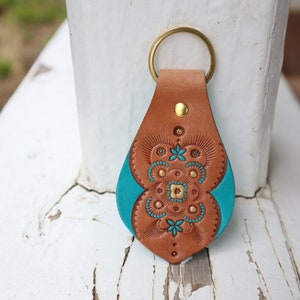 Turquoise Gold Handcrafted Teardrop Leather Keyrings | Stamped ...