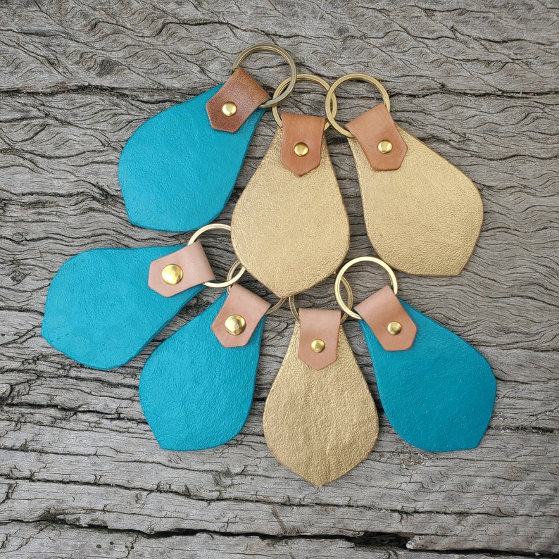 Turquoise Gold Handcrafted Teardrop Leather Keyrings | Stamped ...
