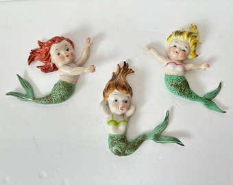 Vintage Norcrest MERMAID Riding Fish Trio Wall Hanging Plaque Bradley ...
