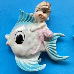 Vintage Norcrest MERMAID Riding Fish Trio Wall Hanging Plaque Bradley ...