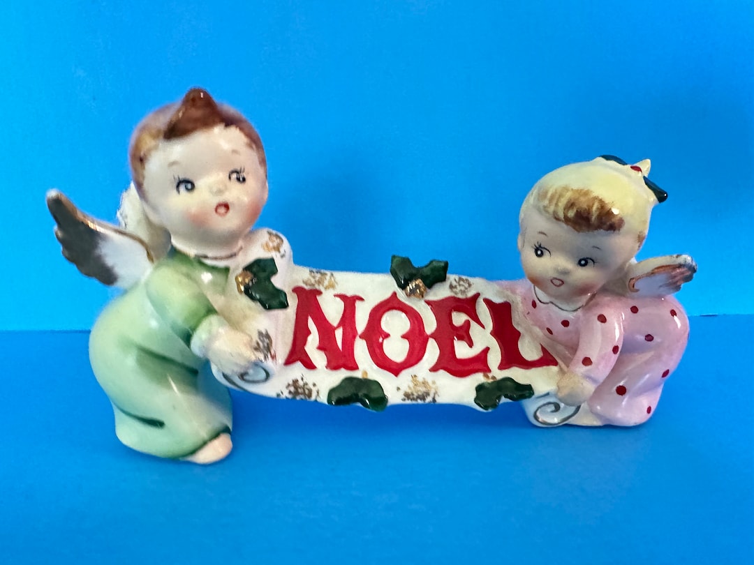 Vintage Lefton Christmas Pajama Girls Angels NOEL Banner Ceramic ...