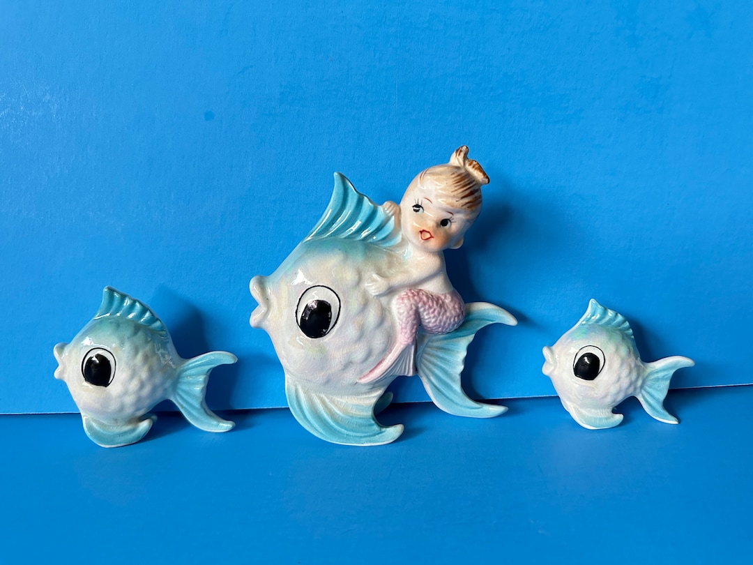 Vintage Norcrest MERMAID Riding Fish Trio Wall Hanging Plaque Bradley ...