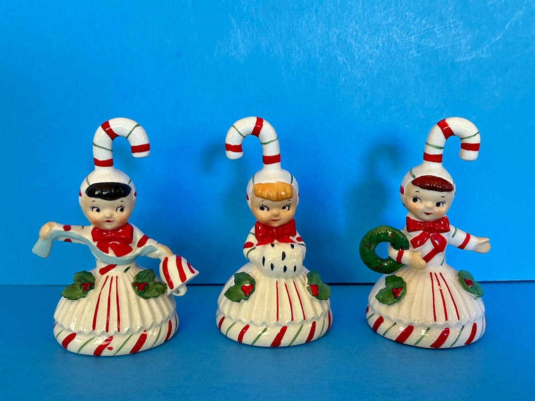 Vintage Lefton Candy Cane Girl Pixie Bell Ornaments Christmas Trio ...