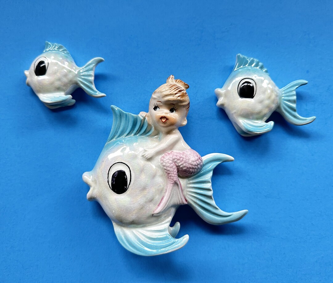 Vintage Norcrest MERMAID Riding Fish Trio Wall Hanging Plaque Bradley ...