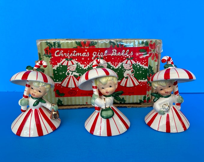 Vintage Napco Christmas Girl Bells Trio Candy Cane Umbrella Figurine Japan W/ Box They Hold ...