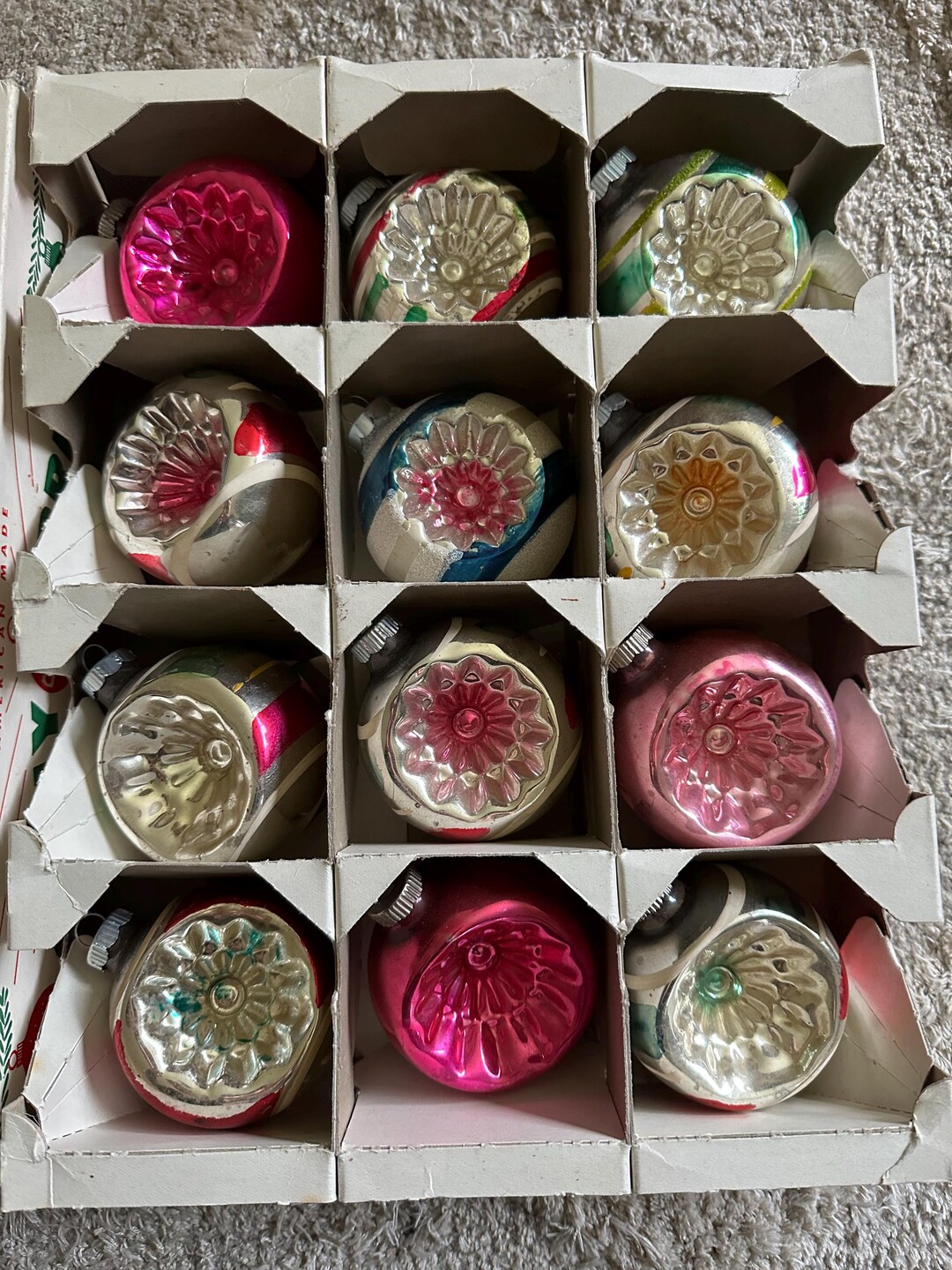 Vintage Christmas Lot of 12 Large Shiny Brite Striped Flower Snowflake ...