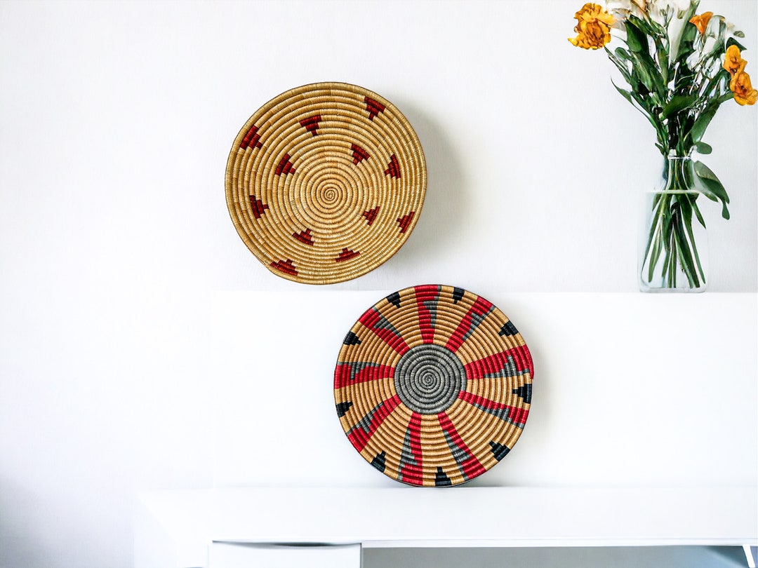 Woven Basket Wall Art Set of 2 - Round Wall Basket Decor, Handmade Gift ...