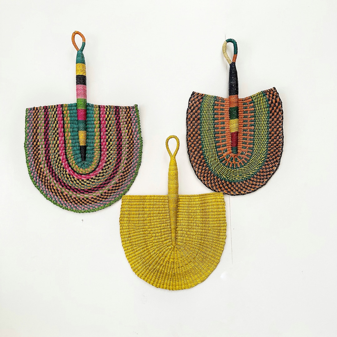 Colorful Bolga Fan, Set of 3 African Woven Fans for Wall Art and Home ...