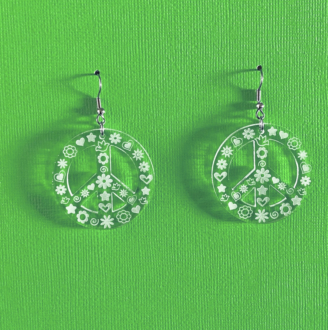 Peace Sign Earrings Retro 60's 70's Laser Cut Clear Acrylic Earrings ...