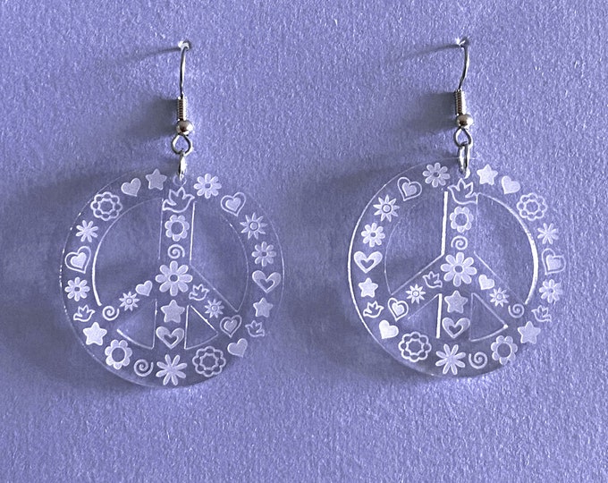 Peace Sign Earrings - Retro 60's 70's - Laser Cut Clear Acrylic ...