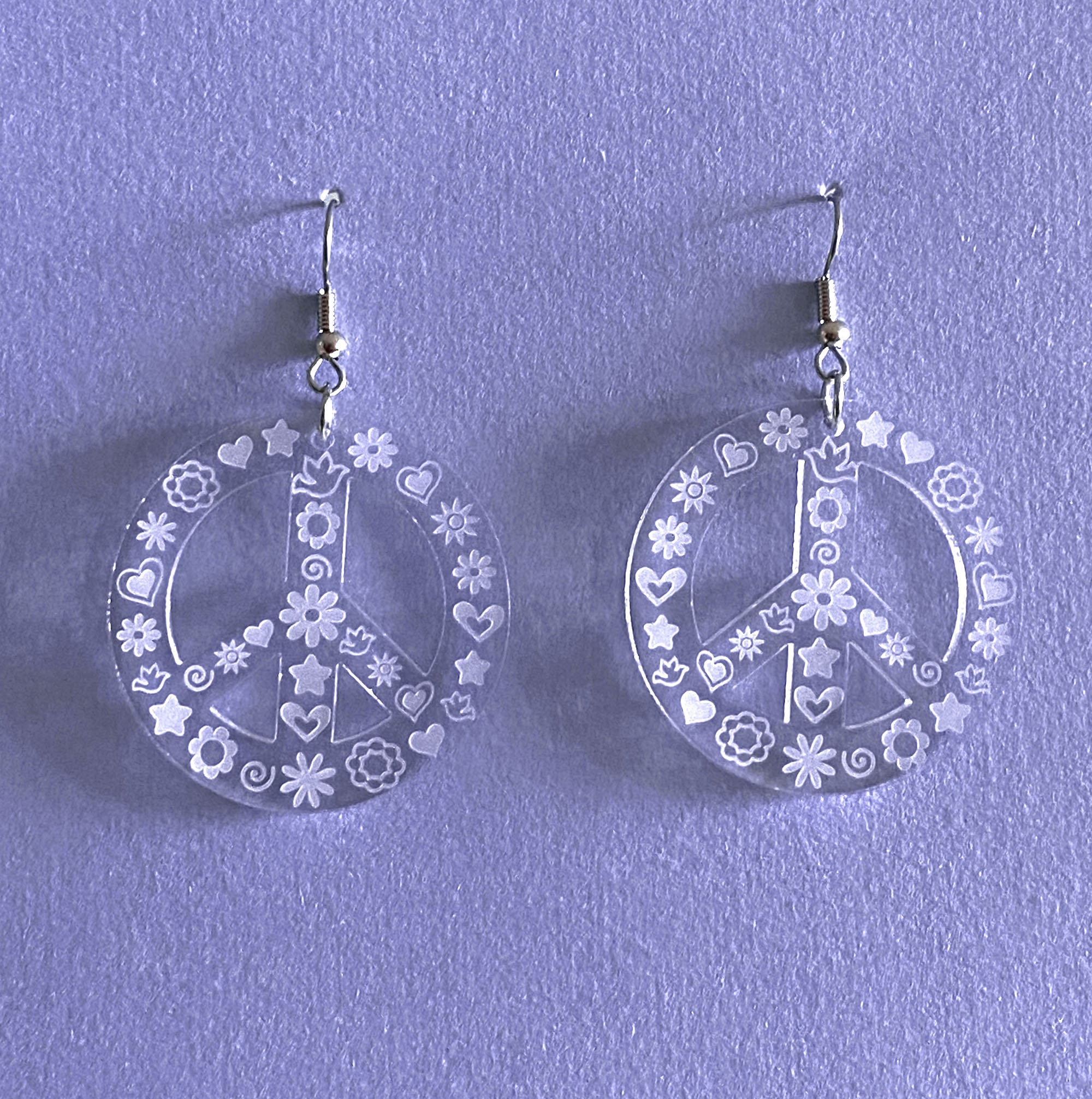 Peace Sign Earrings Retro 60's 70's Laser Cut Clear Acrylic Earrings ...