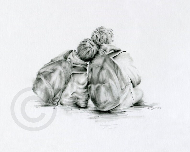 Old Friends Pencil Sketch Children Friendship From an Original Drawing ...