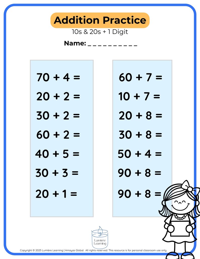Adding 10s & 20s + 1-digit Worksheets –10-page PDF for Math Fluency - Etsy