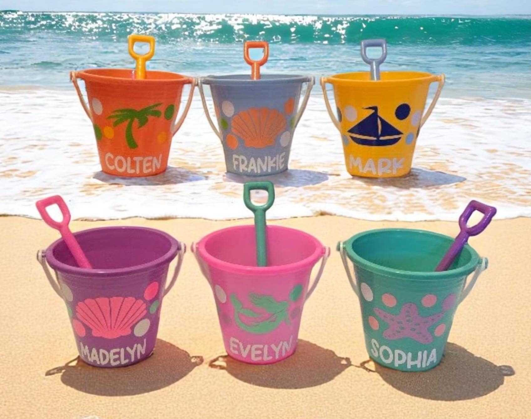 Personalized Mini Kids Beach Buckets With Shovel - Custom Summer Party ...