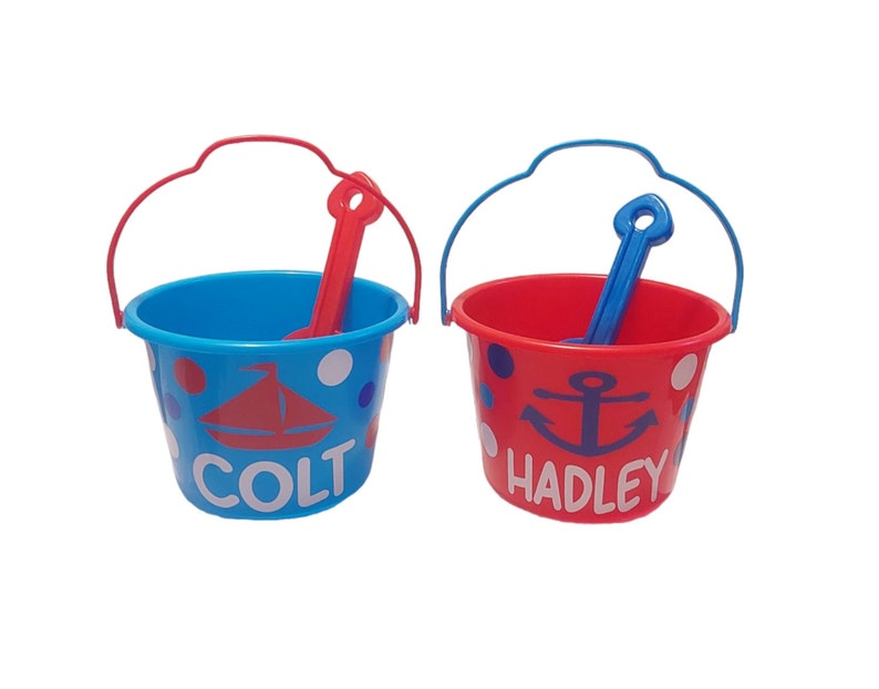 Personalized Kids Beach Buckets W/ Matching Shovels - Birthday Party ...