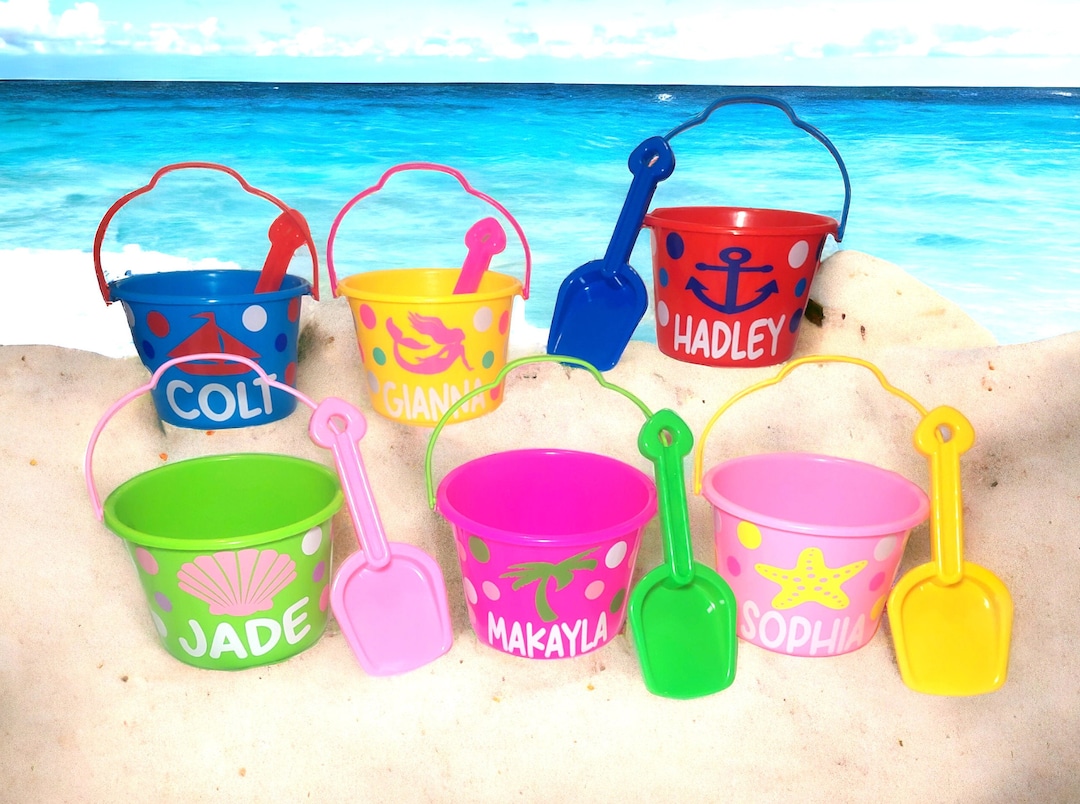 Personalized Kids Beach Buckets W/ Matching Shovels - Birthday Party ...