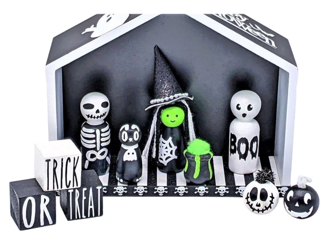 Halloween Haunted House, Spooky Peg Doll Set, Witch Peg Doll, Wood ...