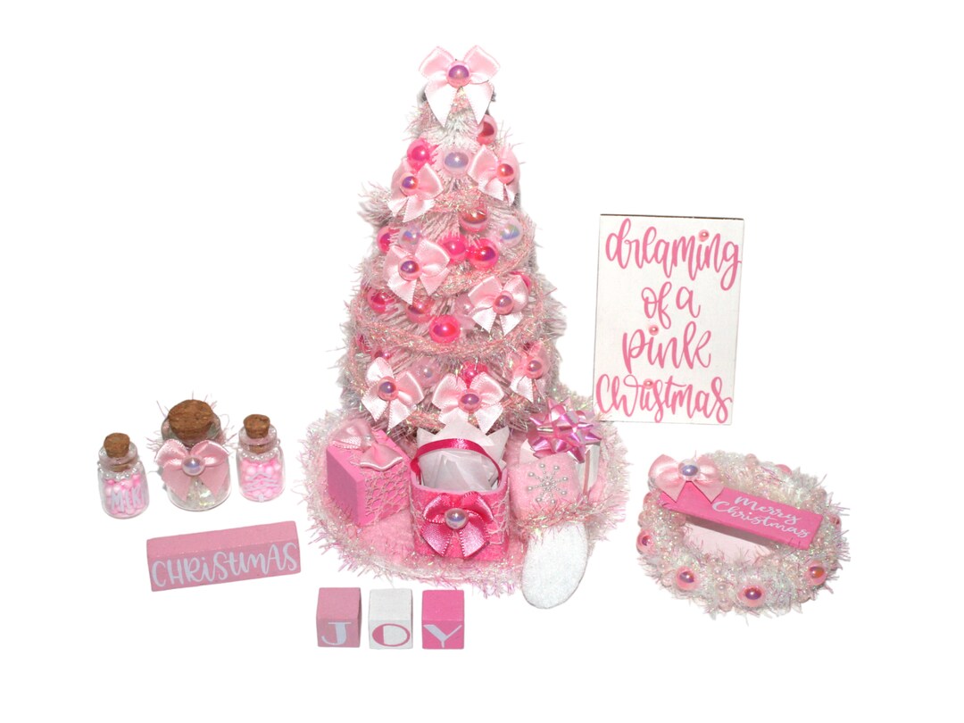 Pretty in Pink 6" Christmas Tree Bundle - Pink Tree With Bows, Stocking ...