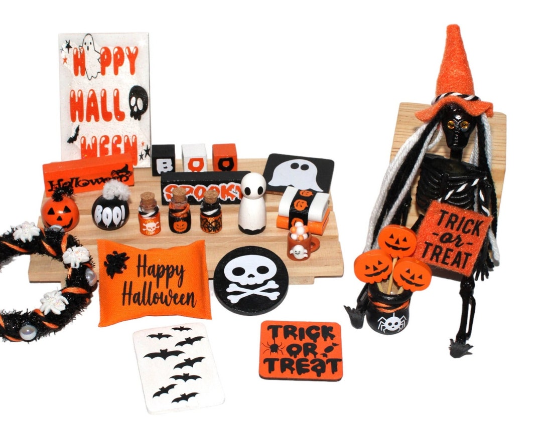 Halloween Miniatures Set: Witch Skeleton, Wood Signs, Glass Jars ...
