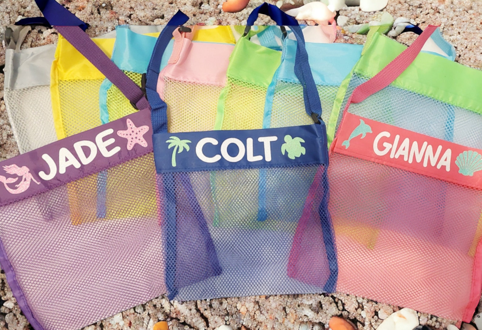 Personalized Kids Mesh Beach Bag - Seashell Collecting - Kids Easter ...