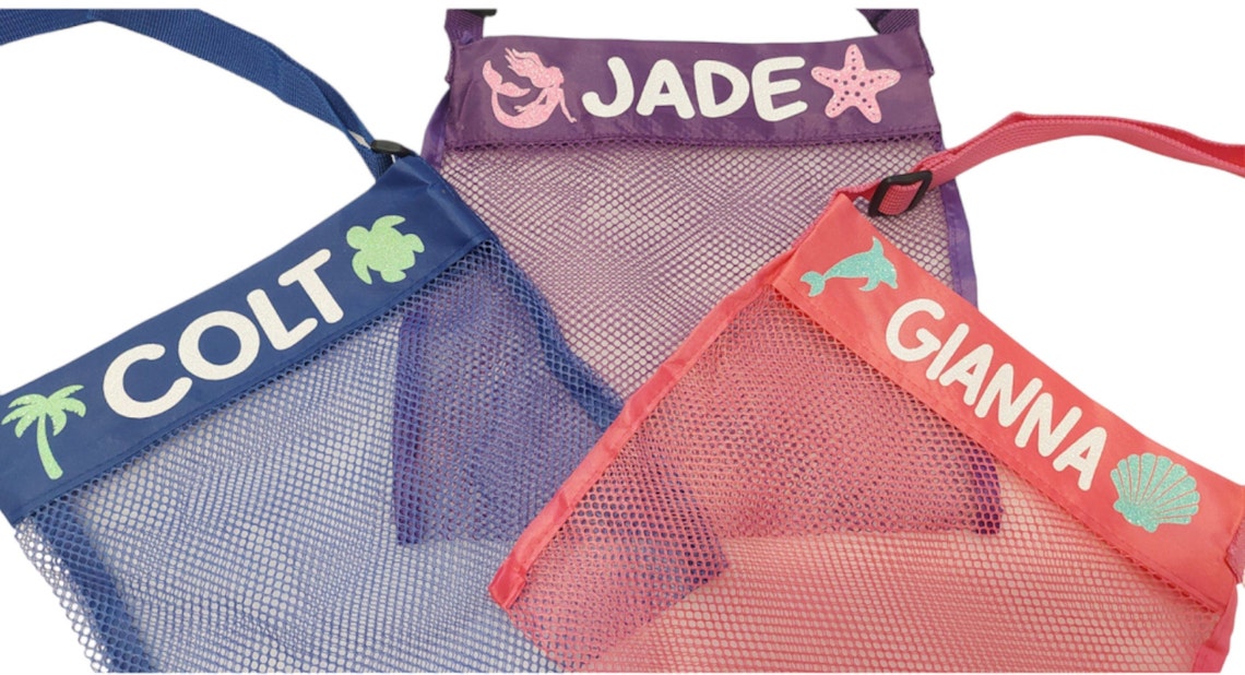 Personalized Kids Mesh Beach Bag - Seashell Collecting - Kids Easter ...