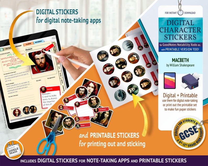 Macbeth: Character Digital Stickers for Note-taking Apps & Printable ...