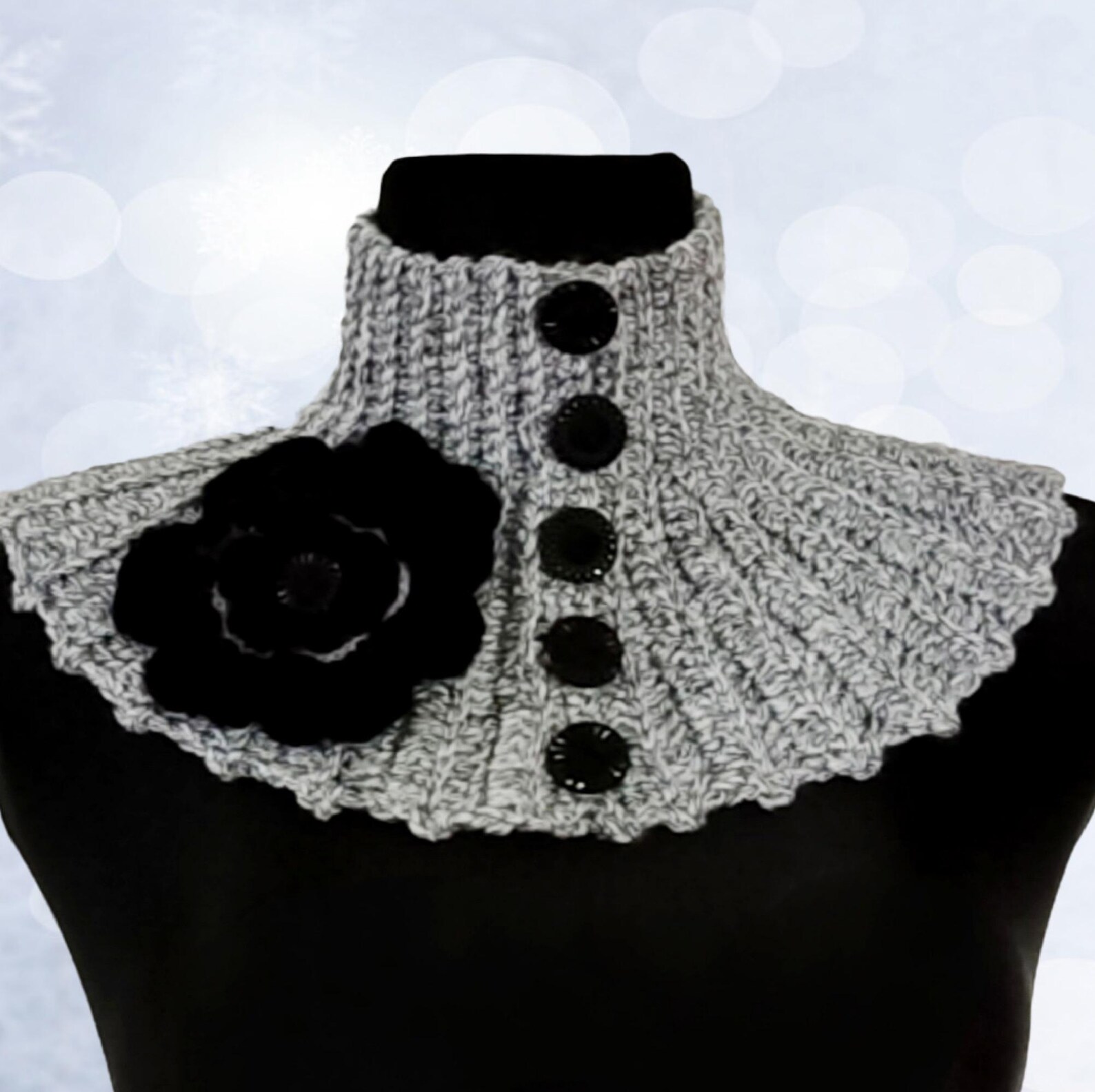 Handmade Crochet Neck Warmer Collar: Gray Wool Blend, Black Flower - Etsy
