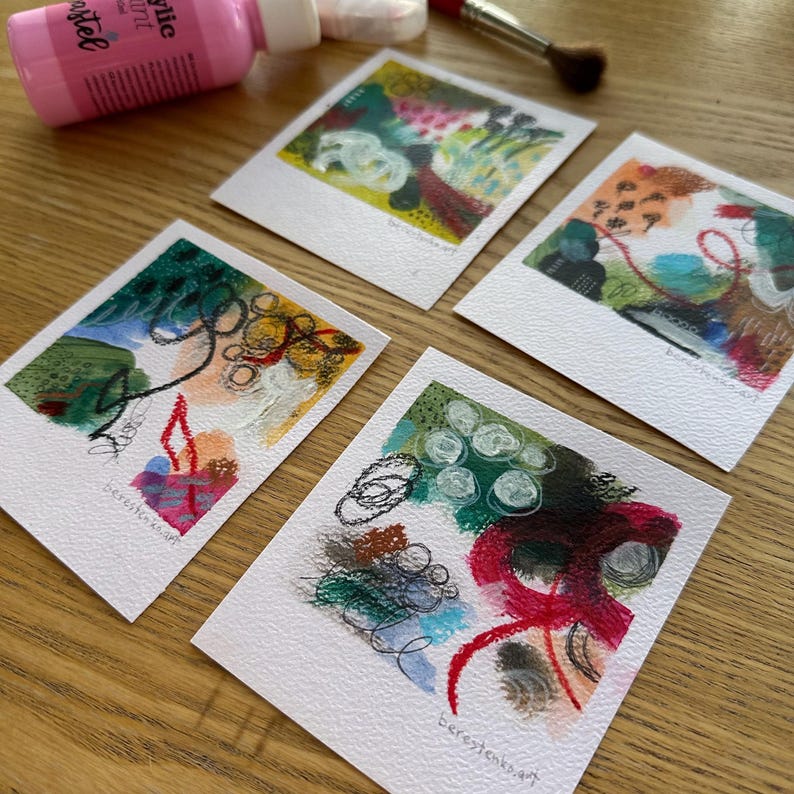 Set of 4 Abstract Postcards Mini Art -handcrafted With Acrylic and Oil ...