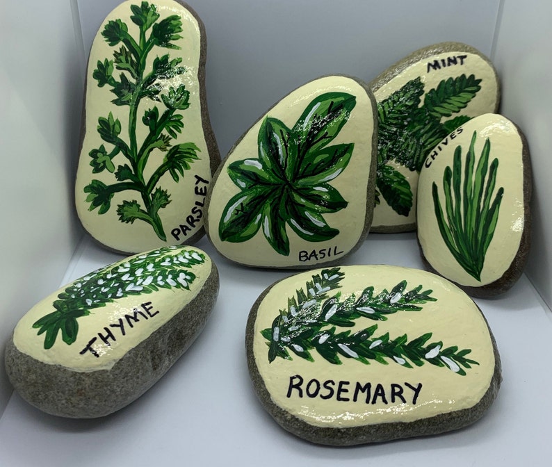 Hand-painted Herb Garden Markers (river Rock) - Etsy