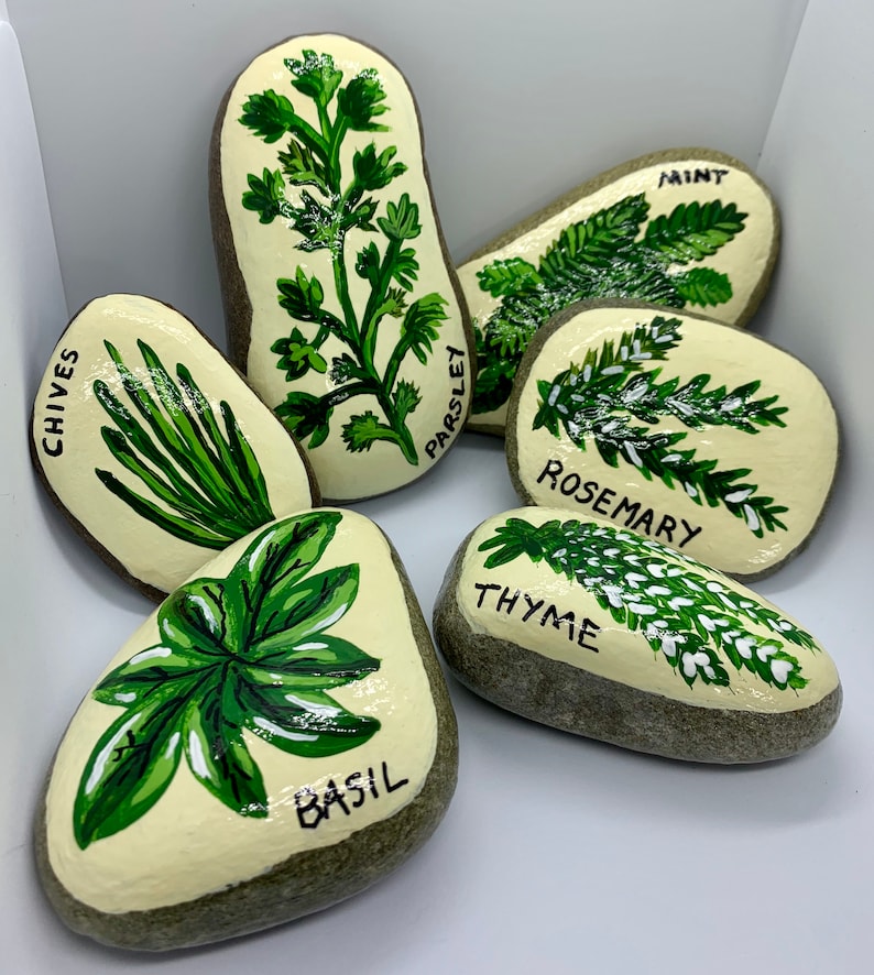 Hand-painted Herb Garden Markers (river Rock) - Etsy