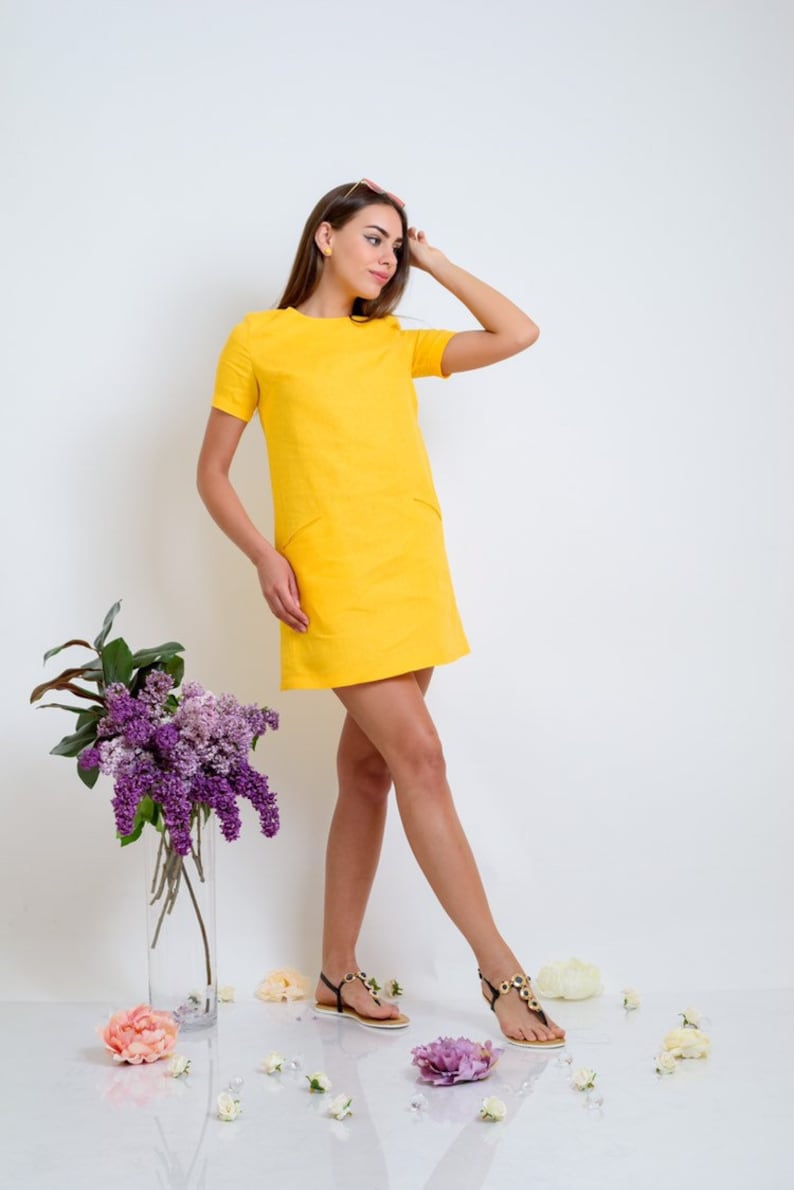 Handmade Linen Mini Dress: Short Sleeve Shift Dress With Pockets - Etsy UK