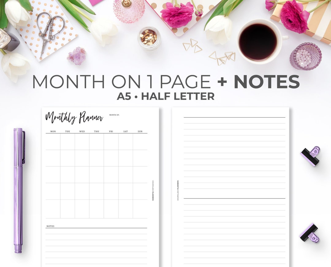 Month on One Page Planner Insert A5 & Half Letter | Printable Minimal ...