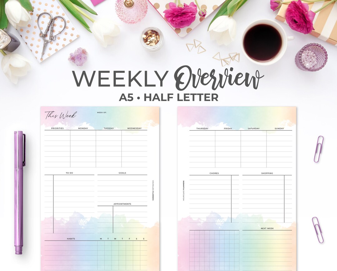 Rainbow Weekly Planner Inserts: A5 & Half Letter, Habit Tracker ...