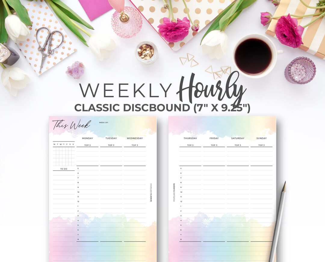 Rainbow Weekly Hourly Planner Printable: Classic Discbound (7" X 9.25 ...