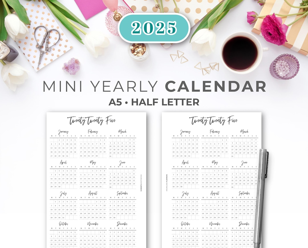 2025 Yearly Mini Calendar on One Page Insert Printable A5 & Half Letter ...