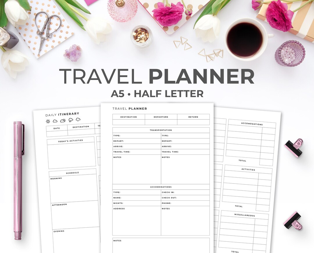 Travel Planner Inserts A5 & Half Letter | Printable Minimal Vacation ...